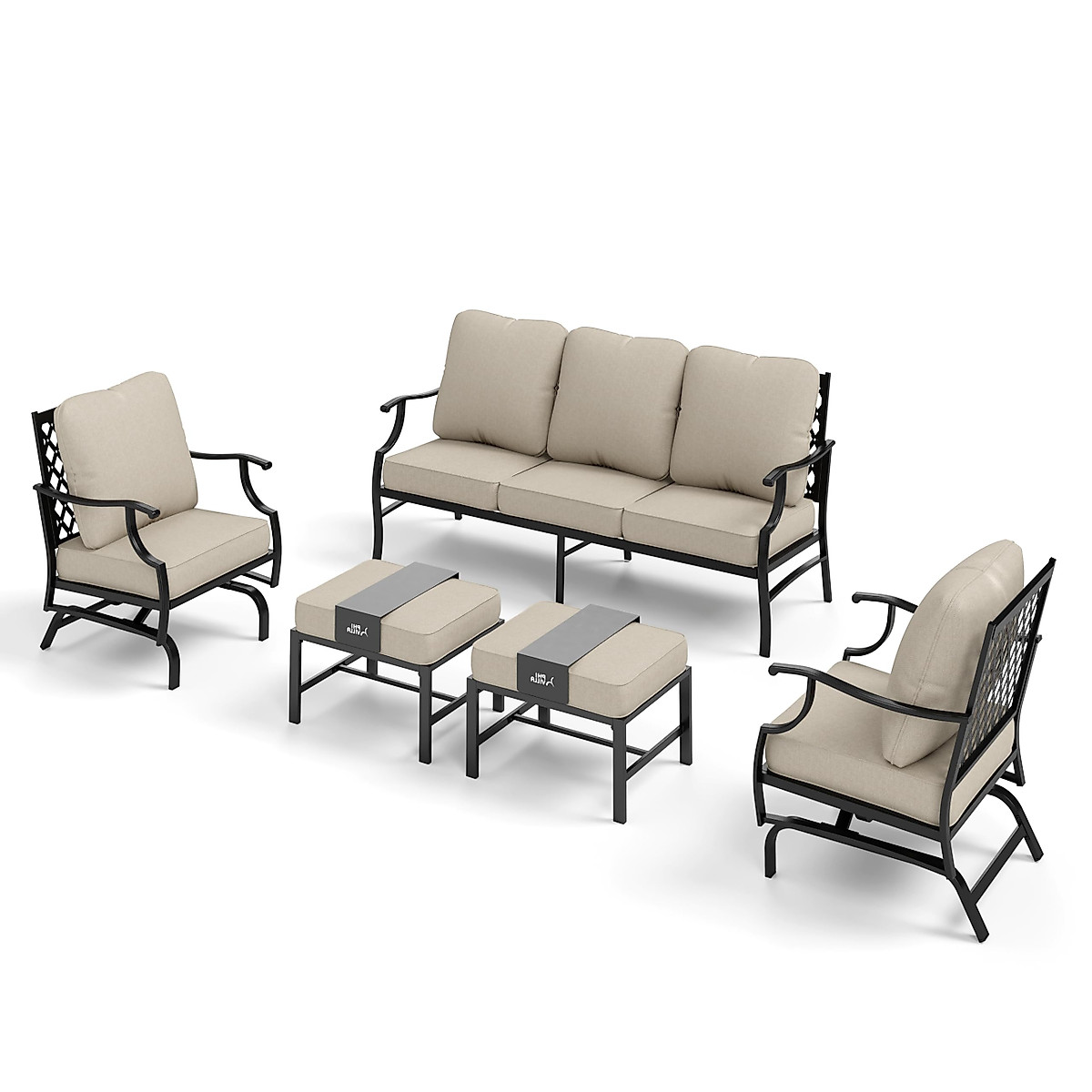 MIXPATIO Patio Furniture Set 5 pcs, Outdoor Patio Furniture Set, 3-Seat Sofa, 2 Rocking Chairs, 2 Ottomans and 5.75" Extra Thick Cushion, Patio Conversation Set for Garden Backyard Deck,Beige