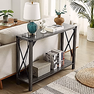 IRCPEN 42.5" Entryway Table with Charging Station, 2-Tier Skinny Sofa Table with Outlet, Industrial Console Table for Entryway, Living Room, Hallway, Foyer (Grey, 42.9" D x 11.8" W x 29.9" H)