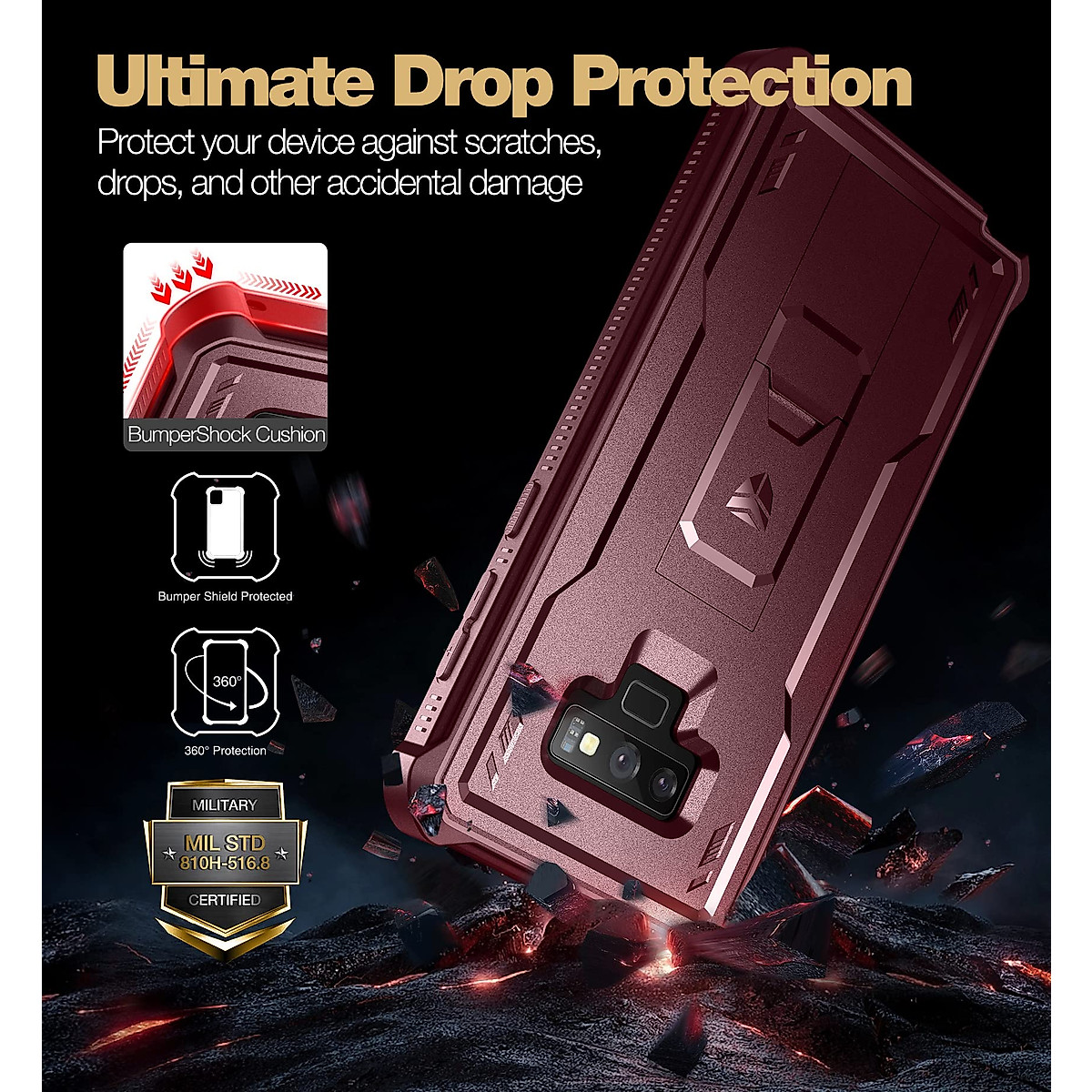 Dexnor Full Body Case for Samsung Galaxy Note 9/6.4 inches, [Built in Screen Protector and Kickstand] Heavy Duty Military Grade Protection Shockproof Protective Cover for Galaxy Note 9,Maroon Red