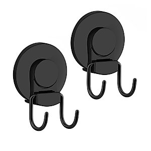 VIS'V Suction Cup Hooks, Black Shower Suction Hooks Heavy Duty Suction Cups with Double Hooks Removable Reusable Bathroom Suction Razor Holder for Tile Wall Glass Door Window - 2 Pcs