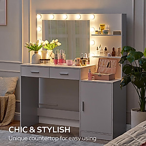 MIRROTOWEL 46.7IN Vanity Desk with Mirror and Lights, Dressing Table with 2 Large Drawer&Large Vertical Organizer, 3 Level Dresser & 3 Lighting Modes Adjustable Brightness, Suitable for Bedroom(white)