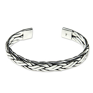 NOVICA Artisan Handmade Sterling Silver Cuff Bracelet Braided from Bali No Stone Indonesia Aluminum Gray [6 in L (end to End) x 0.4 in W] ' Singaraja Weave'