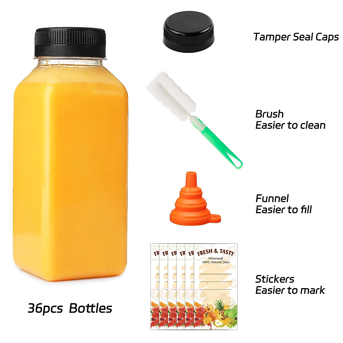 BAKHUK 36pcs 8oz Empty Plastic Juice Bottles with Lids, Reusable Clear Containers with Black Tamper Evident Caps for Juice, Milk and Other Beverages