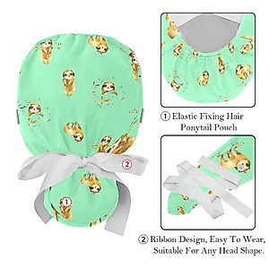 Cute Sloth Adjustable Working Cap with Ponytail Holder, 2 Packs Scrub Cap Bouffant Hat for Men & Women, One Size
