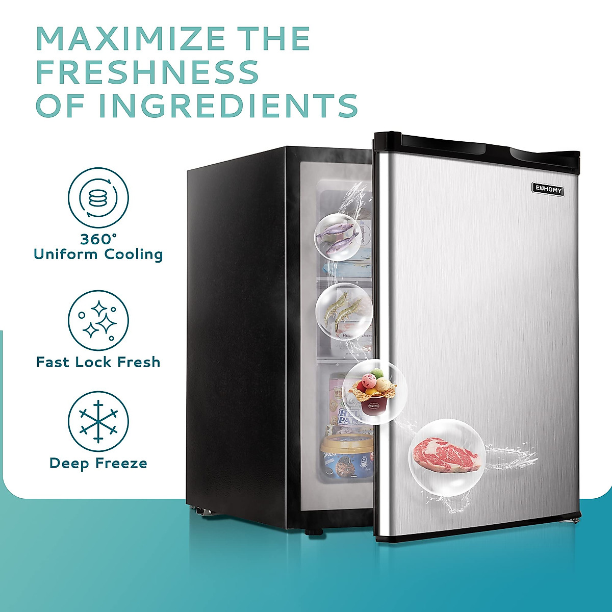 EUHOMY Upright freezer, 2.1 Cubic Feet, Single Door Compact Mini Freezer with Reversible Stainless Steel Door, Removable Shelves, Small freezer for Home/Dorms/Apartment/Office (Silver)