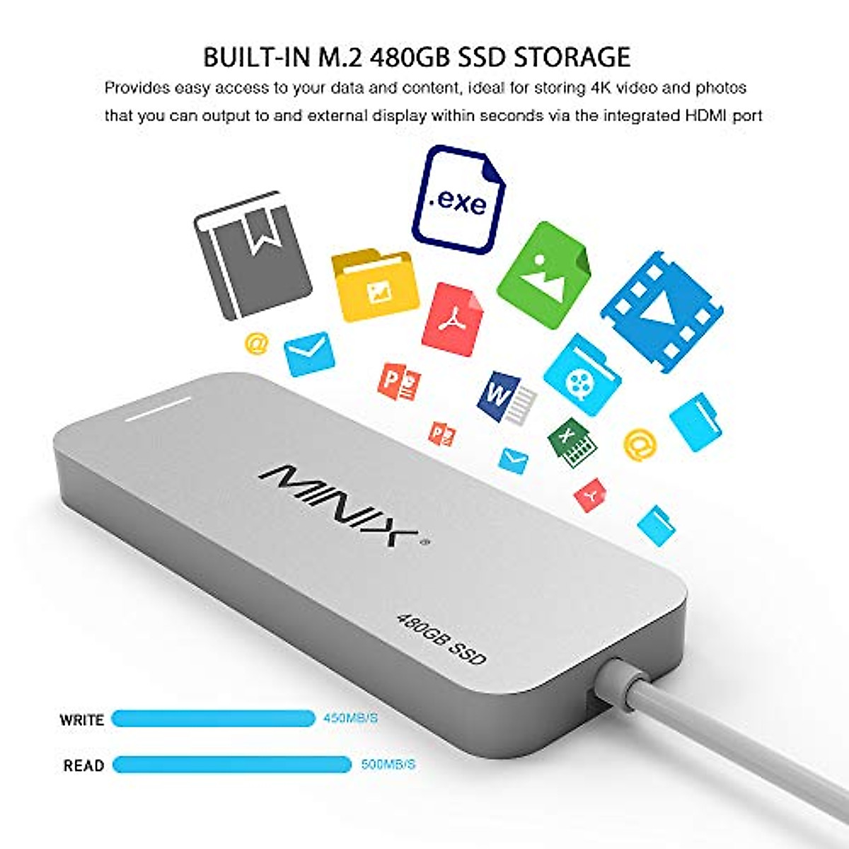 MINIX NEO Storage, 480GB Aluminum USB-C Multiport Solid State Drives Storage Hub with Display Output 4K @ 30Hz, 2 x USB 3.0 and USB-C for Power Delivery, Compatible for Apple MacBook. Silver