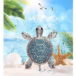 Aqua79 Blue Sea Turtle Sparkling Refrigerator Magnet - Silver Sparkling Charm Rhinestones Crystals, Sparkly Animal Magnet for Kitchen Door Fridge, Cool Home and Office Novelty Decor – 2.12 Inch