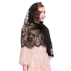 PAMOR Rectangular Chapel Veil Spanish Lace Floral Mantilla Veils Wrap Shawl Mass Head Covering (Black)