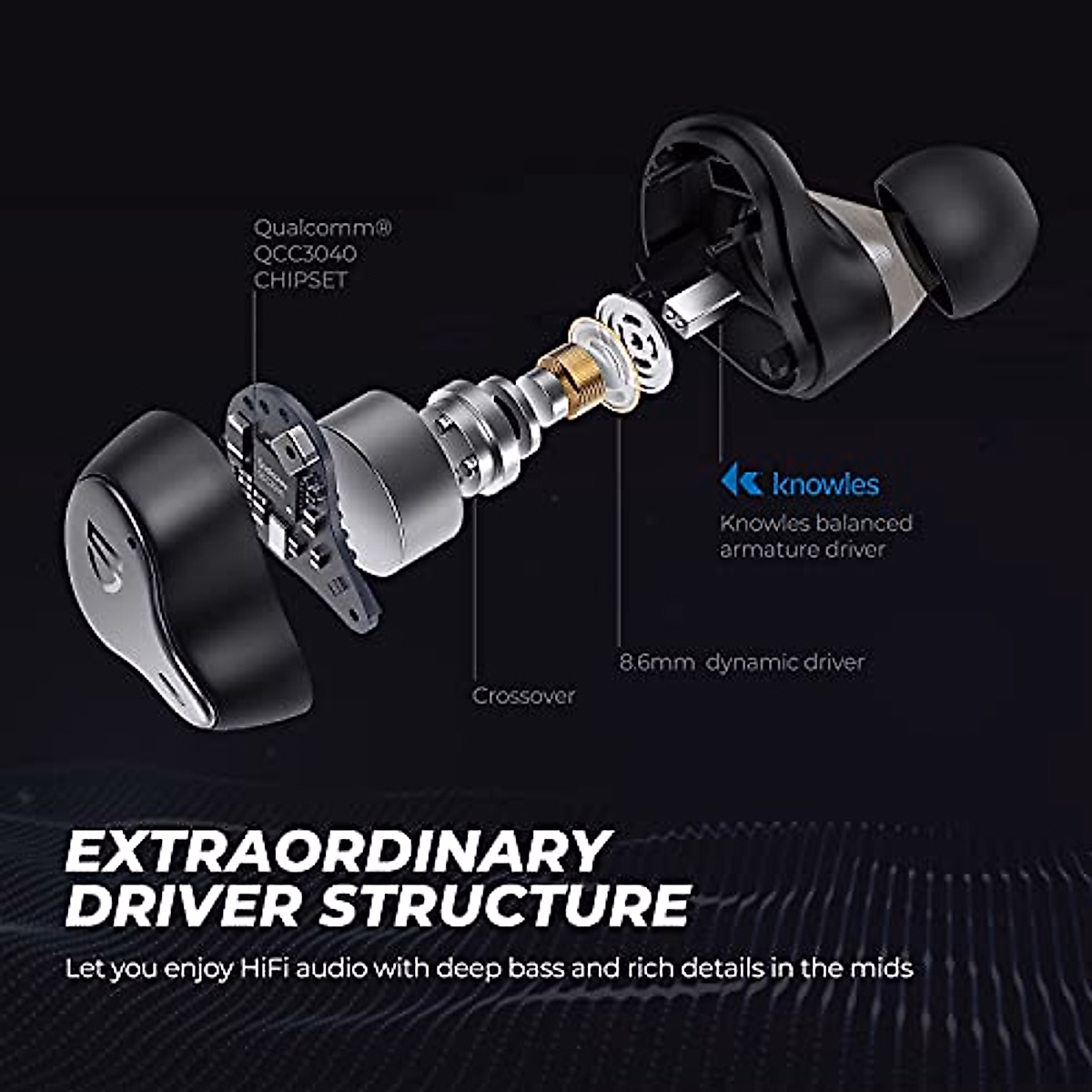 SoundPEATS H1 Wireless Earbuds Bluetooth V5.2 Headphones with QCC3040, Hybrid Dual Driver Earphones with Immersive Sound, aptX Adaptive, 4-Mic, CVC 8.0, Game Mode, Total 35 Hours