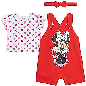 Disney Minnie Mouse Infant Baby Girls French Terry Short Overalls T-Shirt and Headband 3 Piece Outfit Set Red 18 Months