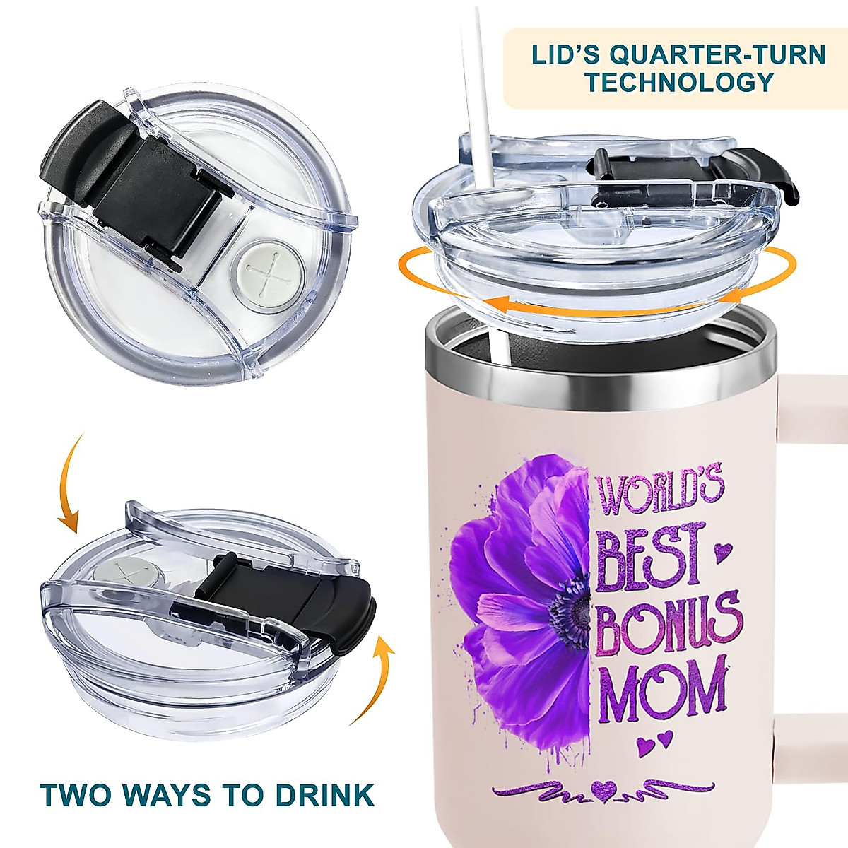 TAMUNBEE Best Bonus Mom Gifts From Daughter, Son - Birthday Gift For Bonus Mom - Stepmom Mothers Day, Christmas, Step mom Gifts Idea For Mother In Law, Stepmom Tumbler 40oz with Handle & Straw