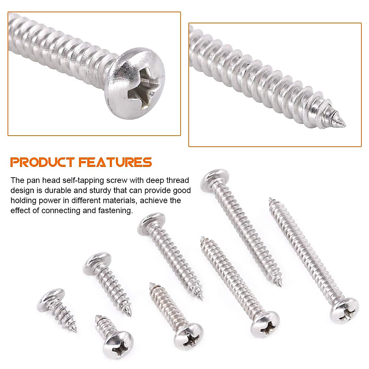 Rustark 180-Pcs [#8 3/8" to 1-1/2"] 304 Stainless Steel Round Pan Head Phillips Cross Wood Screws Self Tapping Drilling Screws Assortment Kit