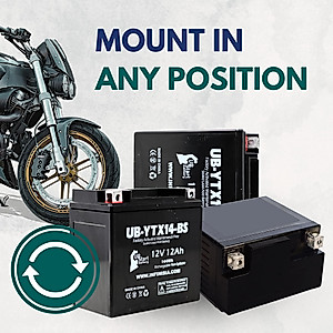 YTX14-BS Battery - Motorcycle Battery, ATV Battery 12V 12AH, UTV, 4 Wheeler, Snowmobile, Powersports Batteries - Compatible with Honda Rancher 350, Buell Blast, Yamaha - Sealed Lead Acid 12 Volt AGM