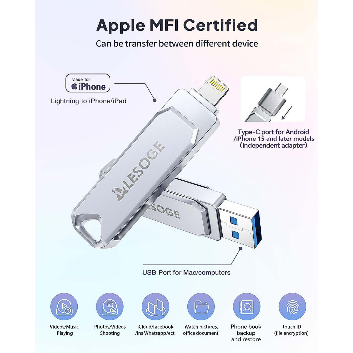 MFi Certified Flash Drive 256GB for iPhone USB Memory Stick, USB Stick High Speed Thumb Drives Photo Stick External Storage for iPhone/iPad/Android/PC