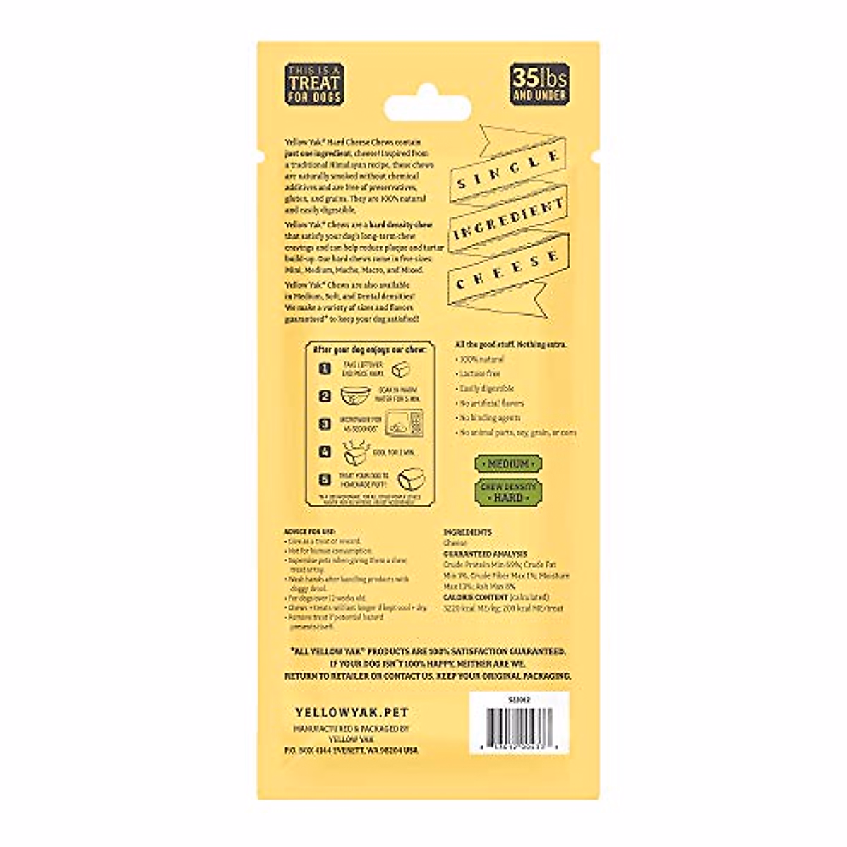 Yellow Yak Yaky Chew | Hard Cheese | Lactose - Soy - Grain - Gluten Free | Medium | for Dogs 35 lbs and Smaller | 1 Chew