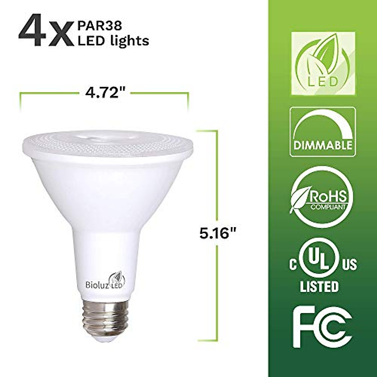 Bioluz LED 4 Pack PAR38 LED Light Bulb 90 CRI 12W = 100-120 Watt Replacement, Soft White 3000K, Dimmable Light Bulbs Flood Lights Outdoor/Indoor UL Listed Light Bulbs Title 20 High Efficacy LED Bulbs