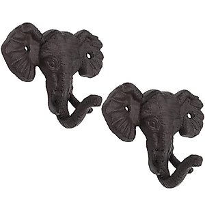 Set of 2 Elephant Cast Iron Wall Hanger Hooks Rack,Vintage Rustic Decorative Wall Mounted Coat Hook Metal Clothes Hanger