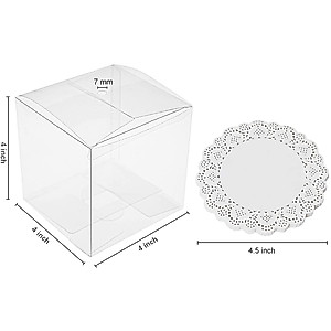 JOERSH 4x4x4 Inches Candy Apple Boxes with Hole and Paper Doilies Base 30 SETS Clear Caramel Apples Boxes for Treats | Food in Safe PET Plastic Box Fits Standard and Large Apple