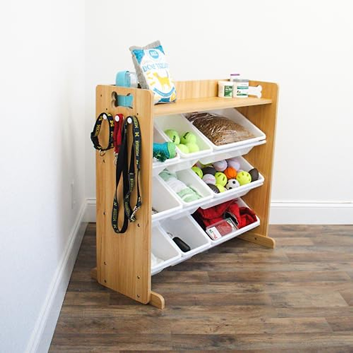 Humble Crew Aspen Supplies Shelf and 9 Plastic Storage Bins, Natural/White Pet Organizer