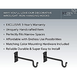 RTZEN Plant Hanger Shepards Hook 7.5" - Hand Forged Heavy Duty Wrought Iron Wall Decor - Indoor or Outdoor Shepherds Hook Hanging Bracket for Bird Feeders Lanterns Baskets and Wind Chimes - 2 Pack