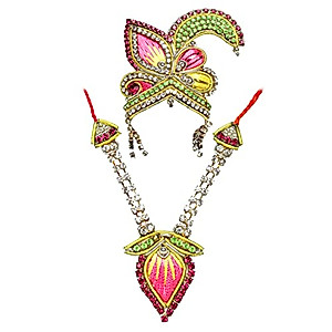 Aditri Creation Mala Mukut Set for Laddu Gopal/Devi Maa/Radha Krishna/Indian God Goddess Haar Sringar Set Deities jewellary Set for All God Idol Statue (Size:- 5, Color :- Pink,Green & Golden)