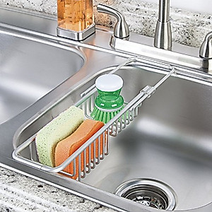 mDesign Modern Adjustable, Expandable Over Sink Sponger Holder Storage Center - Kitchen Organizer Caddy for Scrubbers, Dish Wands, Vegetable Brushes, Soap - Rust Free Aluminum - Silver