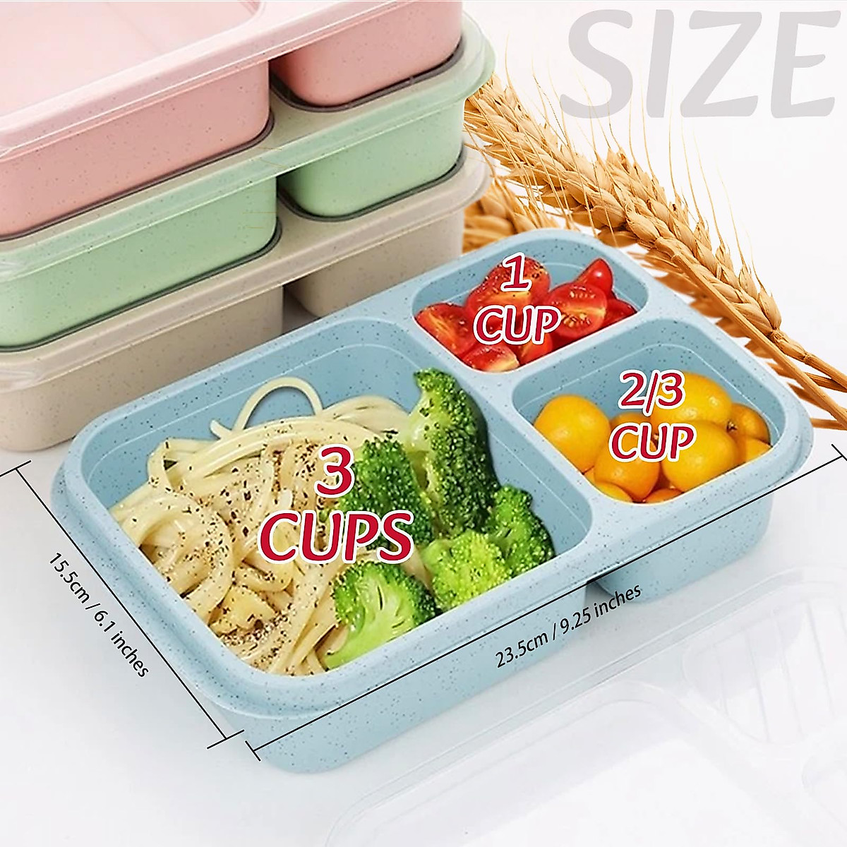 TOTDTDA 12 Pack Bento Box, 3 Compartment Lunch Box Containers, Wheat Straw Reusable Food Storage Containers, Freezer Microwave and Dishwasher Safe Snack Containers for Work School and Travel