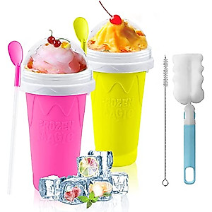 QwayHome 2PC Slushie Maker Cup,DIY Frozen Magic Slushy Cup,Double Layers Silica Smoothie Pinch Ice Cup,Quick Cooling Cup Homemade Milk Shake Ice Cream Maker (Yellow+Pink)