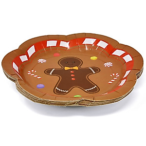 Gift Boutique 24 Disposable Christmas Gingerbread Party Cup 7 Oz 24 & 7" Paper Scallop Shaped Saucer Plates Set with Handle for Tea Hot Cocoa Chocolate Coffee Mugs Holiday Xmas Table Dinnerware Suppy