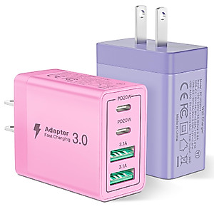 [2 Pack] USB C Charger Block, Aioneus 40W 4-Port QC+PD 3.0 Power Adapter, Fast Charging Block Type C Multiport Plug USB C Wall Charger for iPhone 15 14 Plus Pro Max 13 12, iPad, Samsung(Pink & Purple)