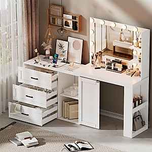 PAKASEPT Vanity Desk with Mirror and Lights, Makeup Vanities with Charging Station, White Vanity with 3 Color Lighting, Drawers, Hidden and Open Shelves, Girls Dressing Table for Bedroom