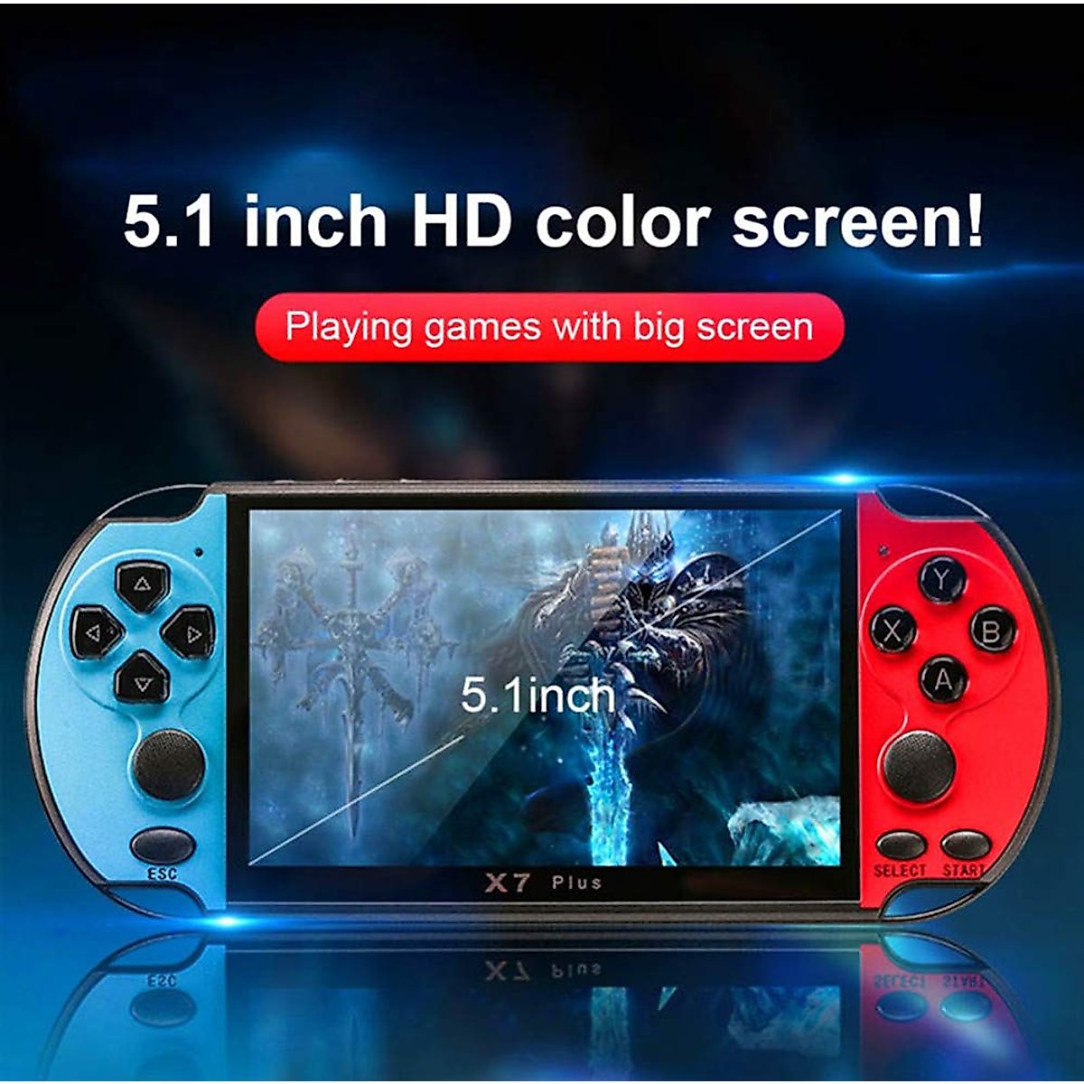 X7 PLUS Handheld Game Console 5.1-inch Dual Joystick Game Console 8GB Built-in 1000 Games Support 32/64/128-bit Video Game Console ( Blue+Red）