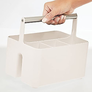 mDesign Plastic Shower Caddy Storage Organizer Utility Tote, Divided Basket Bin - Metal Handle for Bathroom, Dorm, Kitchen, Holds Soap, Shampoo, Conditioner - Aura Collection - Cream/Beige/Satin