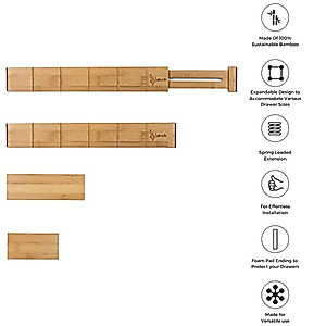 Bamboo Drawer Dividers Set of 4, Expandable Drawer Organizer, Utensil Drawer Organizer, Dresser Drawer Divider, Drawer Separators, Adjustable Drawer Divider with Secure Hold and Protective Padding