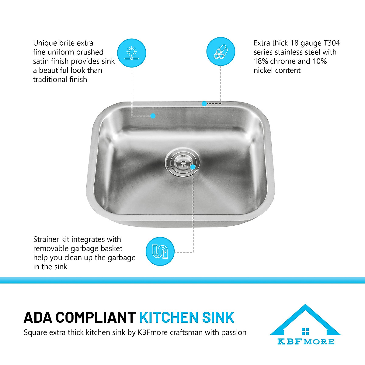 KBFmore 23 Inch Single Bowl ADA Compliant Stainless Steel Kitchen Sink, Rust Resistant Sound and Heatproof Shallow Drain 18 Gauge Undermount Sink with Sink Strainer and Removable Garbage Basket