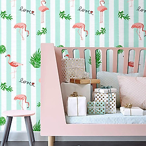 HOYOYO Vinyl Wallpaper Flamingos Palm Leaf Wallpaper Blue White Stripe Decorative Self Adhesive Liner Removable Wall Decoration for Bookshelf Closet Living Room Bedroom Dormitory Office 17.7''x118''