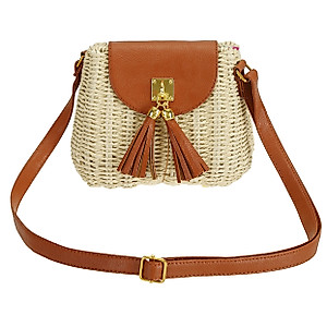 So'each Women's Handmade Wicker Woven Purse Tassels Message Crossbody Bag