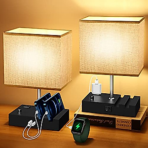 yotutun - Bedside Lamps for Bedrooms Set of 2 Nightstand, Table Lamp with USB C+A Charging Port and AC Outlet, Fully Dimmable Nightstand Lamp for Living Room, Dorm, Home Office (2 Pack)