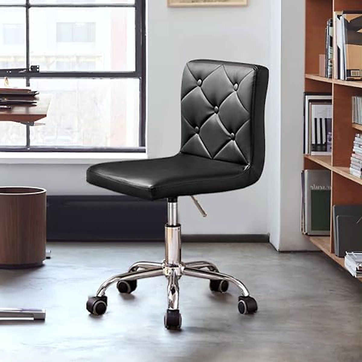 VECELO PU Leather Mid-Back Armless Desk Chair Adjustable Height 360° Rolling Swivel for Home Office Work, Black