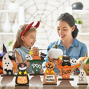 SY Super Bang Wooden Halloween Table Top Decorations - 6PCS Retro Halloween Decor Including Black Cat/Pumpkin Monster/Ghost/Skull Crafts, for Home Farmhouse Holiday Indoor, Rustic