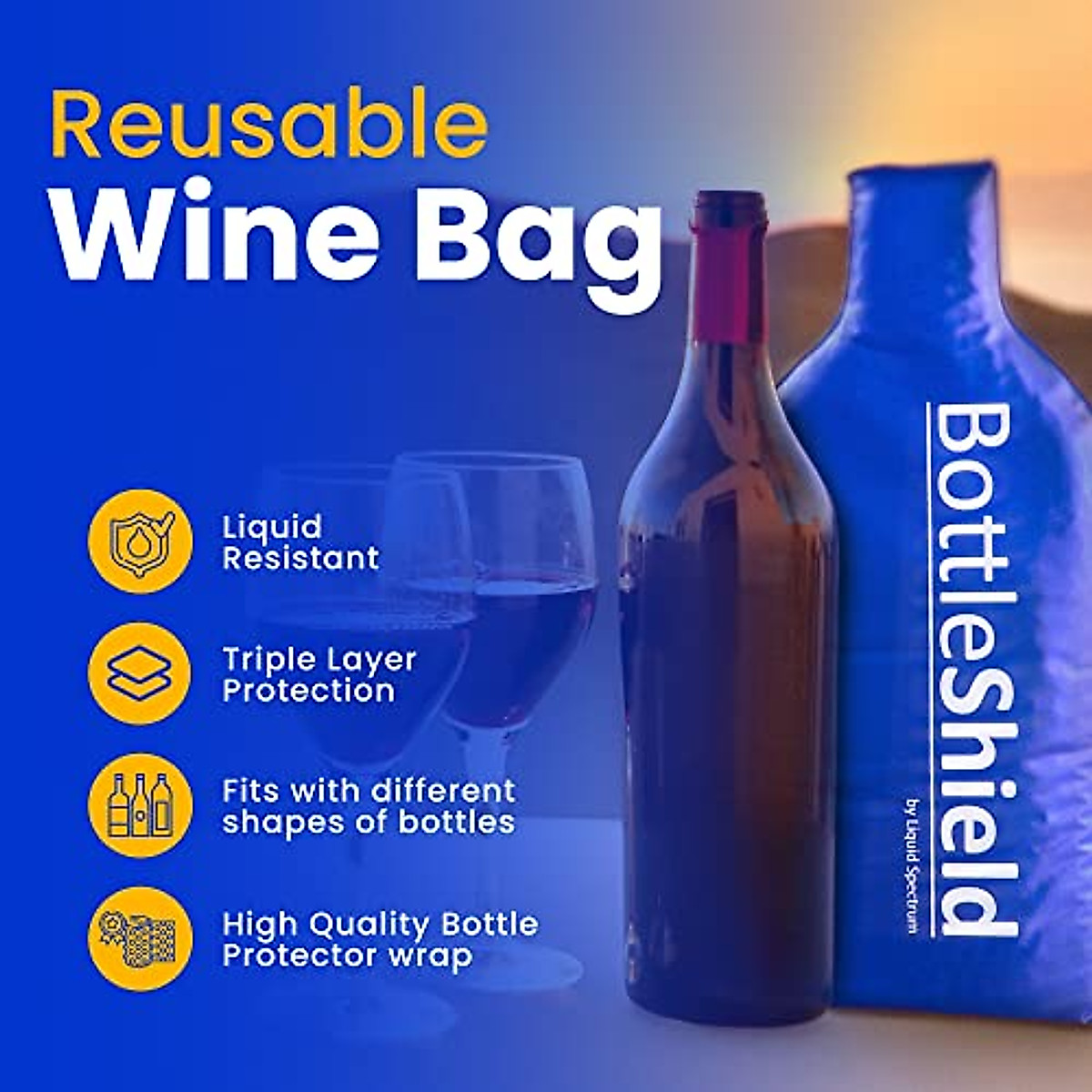 Liquid Spectrum 6 Pack Reusable Wine Protector Travel Bag by Bottle Shield - Bubble Cushioning Wrap Suit - Unbreakable Bottle Sleeve, Leak Proof - Wine Tote Bags Accessory for Suitcase Luggage