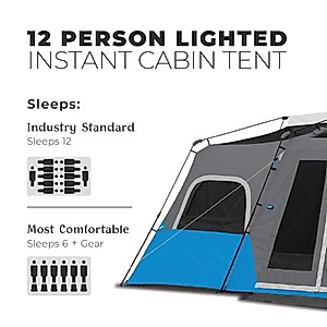 CORE 12 Person Instant Cabin Tent with LED Lights | Large 3 Room Family Lighted Pop Up Tent for 2 Minute Camp Setup | Included Storage Pockets for Camping Accessories
