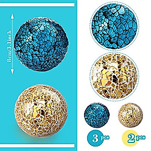 Honeydak 5 Pieces Glass Mosaic Sphere Decorative Balls for Centerpiece Bowls Turquoise Decorative Glass Balls Orbs Decorative Vases Fillers for Home Decoration Dining Table Bowls Tray, Blue,gold