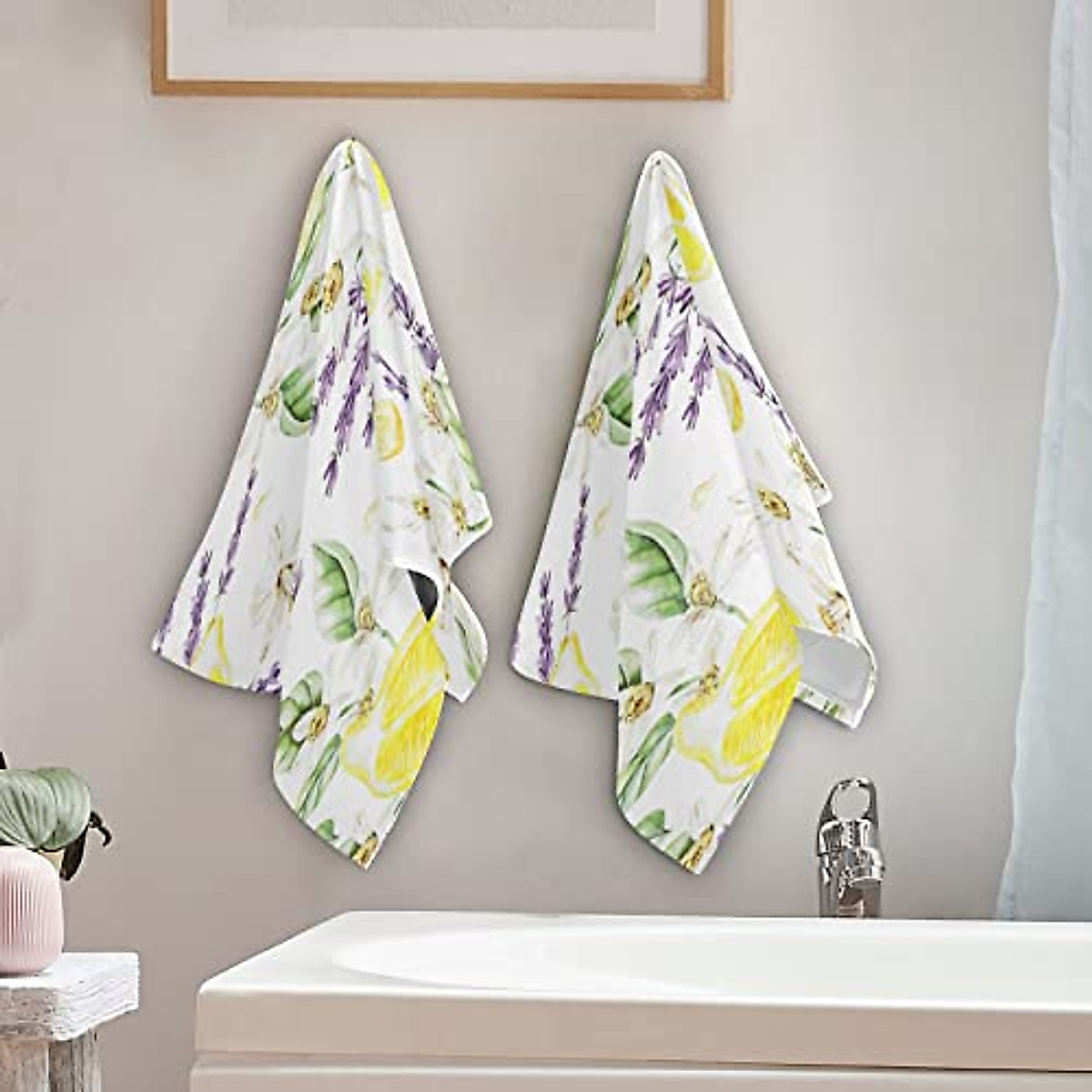Kigai Lavender Lemon Hand Towels Set of 2, Highly Absorbent Soft Towel Decorative Hand Towel for Kitchen and Bathroom 14x28 Inch