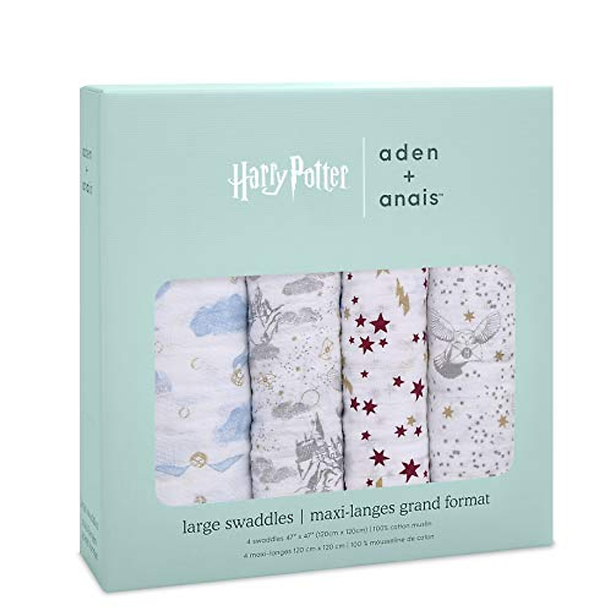 aden + anais Swaddle Blanket, Boutique Muslin Blankets for Girls & Boys, Baby Receiving Swaddles, Ideal Newborn & Infant Swaddling Set, Perfect Shower Gifts, 4 Pack, Harry Potter