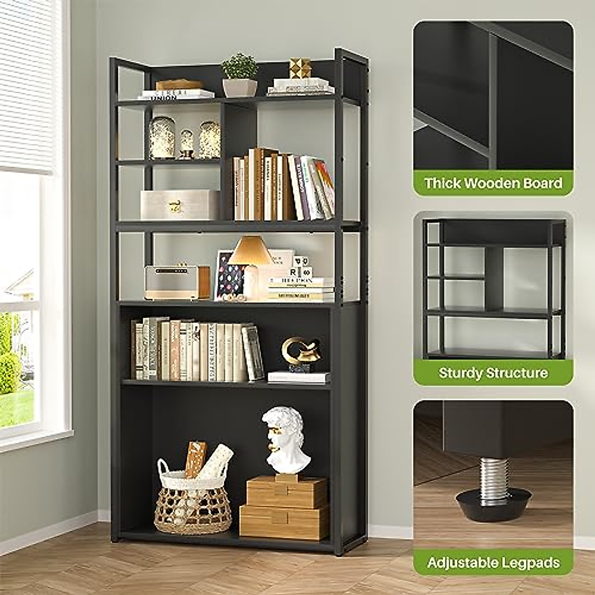 armocity Black Industrial Bookshelf, 6 Tier Tall Bookshelves Wood Metal Frame Standing Bookcase, Display Book Shelf with Adjustable Storage Shelves for Home Office, Living Room, Bed Room, Black