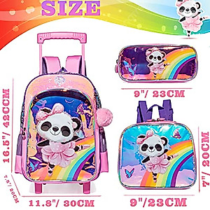 HTgroce 3pcs Panda Rolling Backpack Girls Travel Roller Bag with Wheels Kids School Bags Wheeled Luggage Backpack