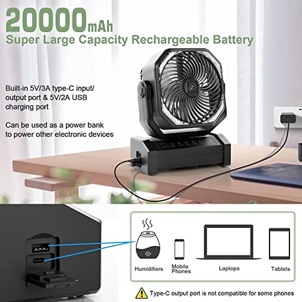 vidihill 20000mAh Personal Fan with LED Light, Auto-Oscillating Desk Fan with Remote & Hook, Rechargeable Battery Operated Camping Fan with Timer, 4 Speeds USB Fan for Camp Travel Jobsite…