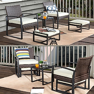 PatioFestival Patio Conversation Set 5 Pieces Outdoor Wicker Furniture Sets Chairs with Ottoman 3.1" Thickness Cushions (Beige)