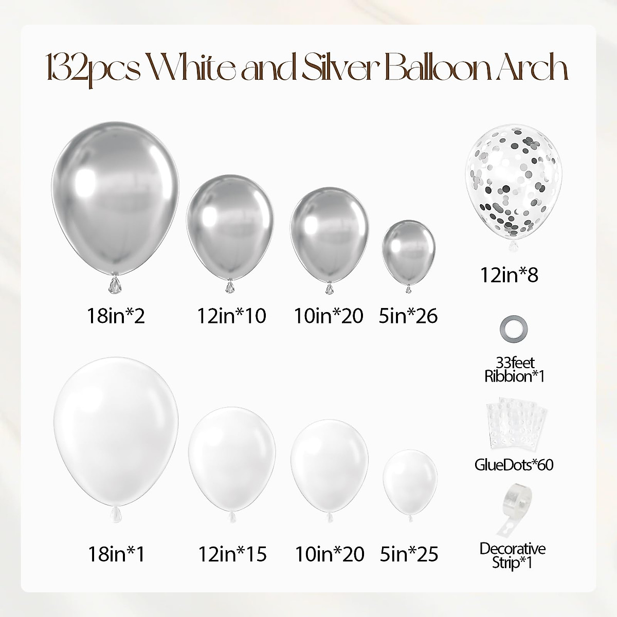 132pcs Silver and White Balloon Arch Kit, Metallic Silver and White Balloons Different Sizes of 18 12 10 Inch Balloons for Wedding Anniversary Baby Shower Graduation Birthday Party Decoration